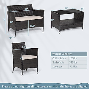 Tangkula 4 Pieces Patio Furniture Set, Patiojoy Outdoor PE Wicker Conversation Set with Soft Cushions and Tempered Glass Tabletop, Outdoor Garden Furniture Set with 2-Tier Coffee Table (Brown)