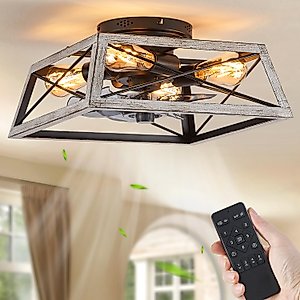 LEDIARY Ceiling Fans With Lights Remote Control, 22 Inch Farmhouse Caged Flush Mount Ceiling Fan Low Profile, Small Industrial Rustic Quiet Ceiling Fan With Remote For Bedroom, Kitchen, Indoor Home