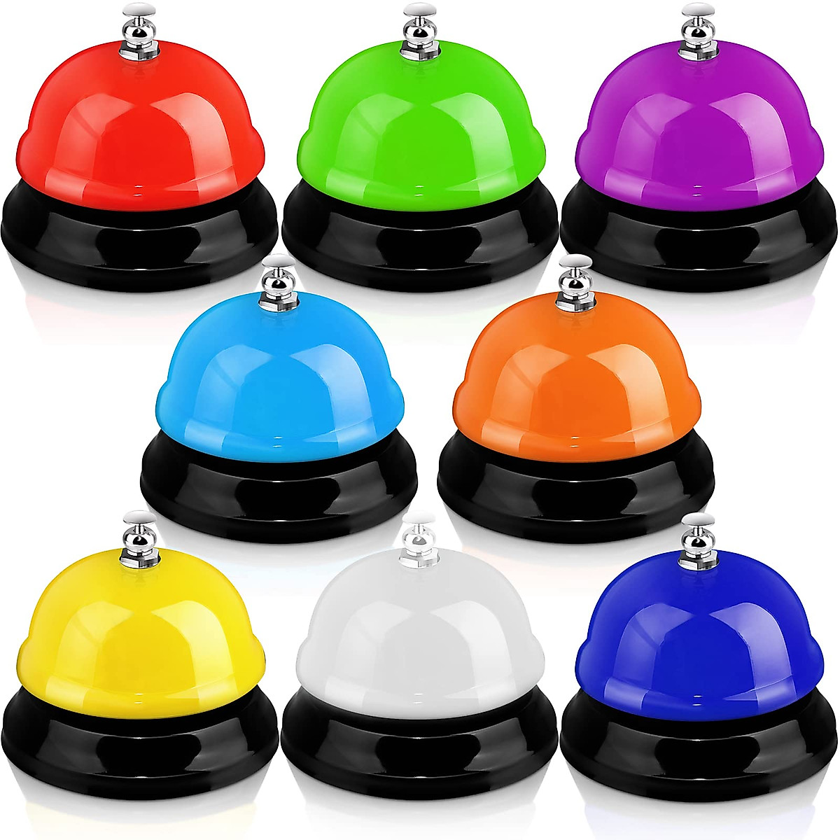 Hicarer 8 Pcs Game Call Bell Colorful Desk Bell Metal Ring Bell 3 Inch Diameter Hand Bells Bulk for Adults Service Bell for Desk Hotel Restaurant Office School Kitchen Bar Counter Supplies