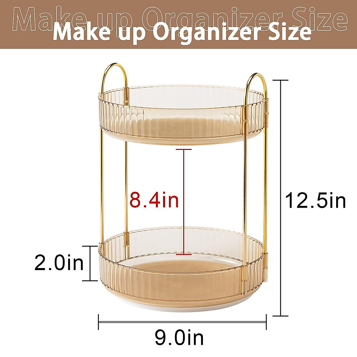 GTI 360° Rotating Makeup Organizer, 2 Tier Bathroom Counter Organizer,Large Capacity Perfume Cosmetics Skincare Vanity Organizers, Dresser Spinning Countertop Organizer and Storage for Women (Gold)