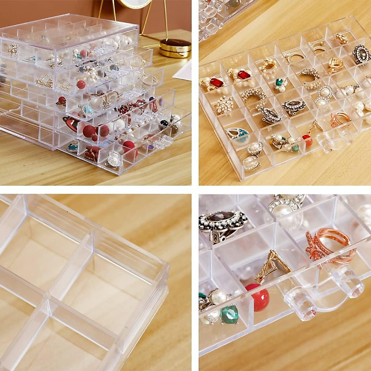 FEECKOCK Earring Organizer Box Acrylic Jewelry Box Storage Drawers, Clear Plastic Display Case Compartments Tray, Holder for Rings Necklaces Earrings, Beads, Crystal, Stone