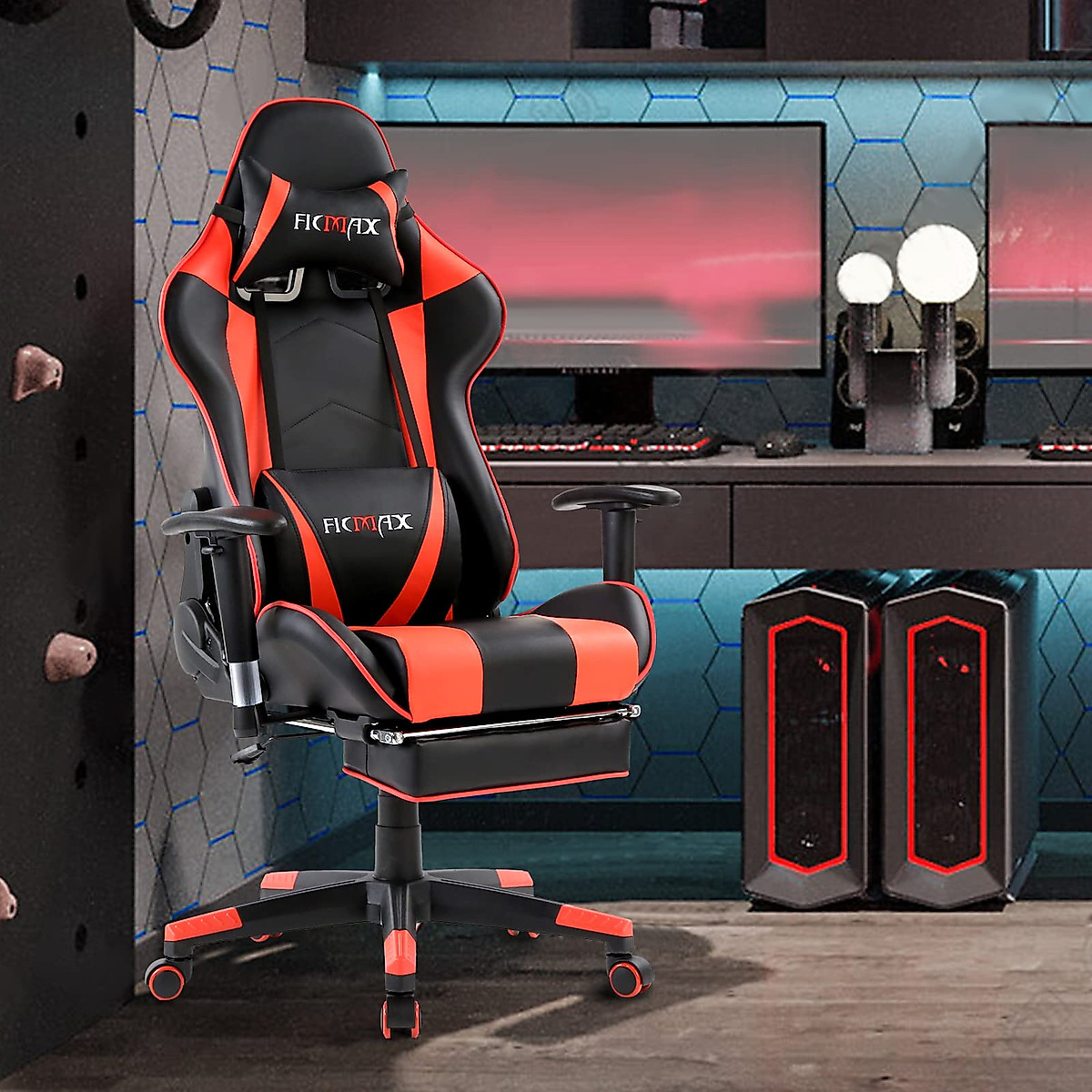 FICMAX Massage Gaming Chair Ergonomic Gamer Chair with Footrest Reclining Computer Gaming Chair Racing Style Home Office Chair High Back Gaming Desk Chair with Headrest and Lumbar Support(Black/Red)