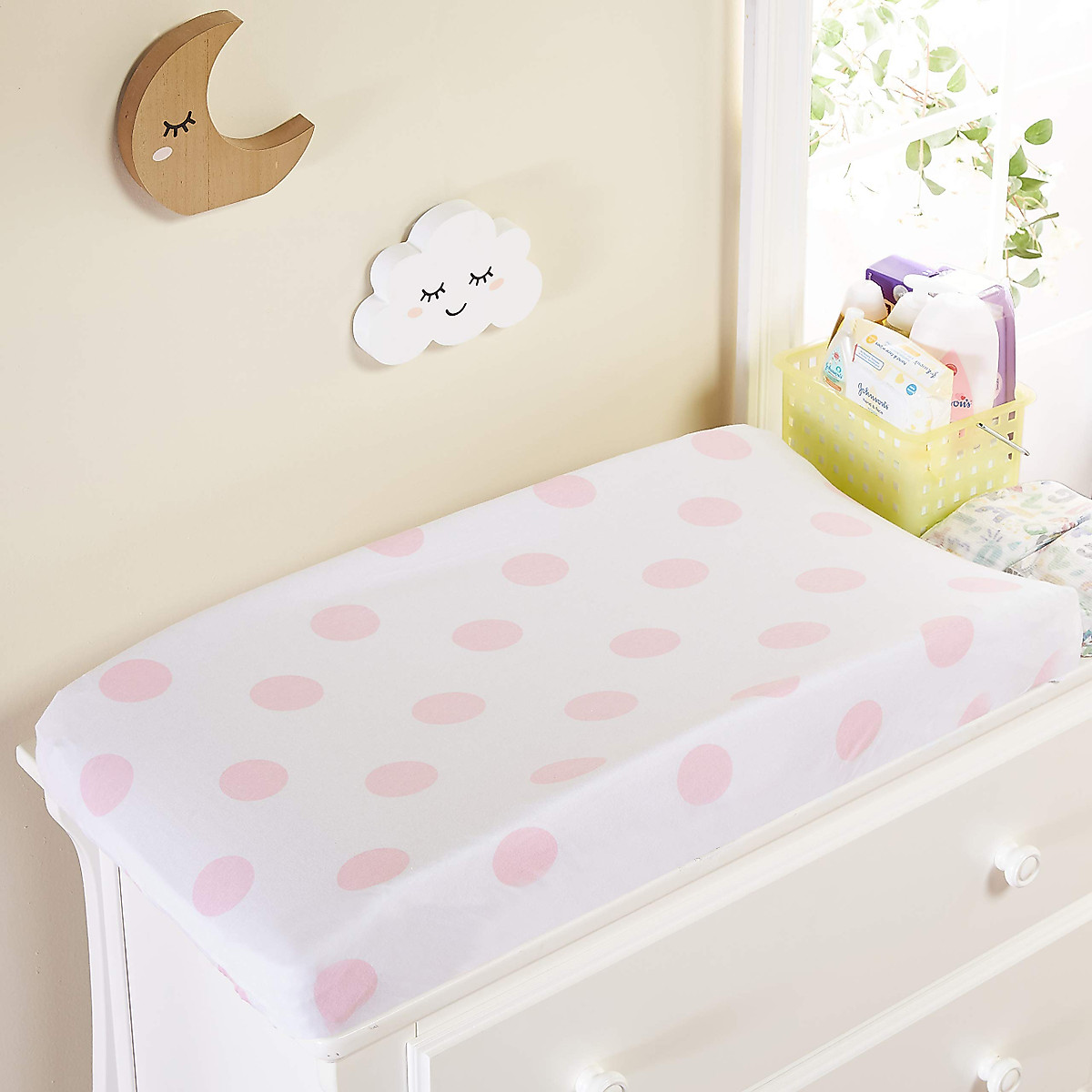 EVERYDAY KIDS 2 Pack Baby Changing Pad Covers for Baby Girl – Fits Most Changing Table Pads; 100% Cotton Jersey Knit, Breathable, Soft Changing Table Topper – Pink and White Hearts and Polka Dots