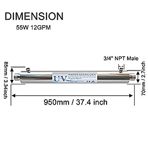 Boeray Ultraviolet Light Water Purifier Whole House Purification UV Sterilizer 55W 12 GPM with 3 pcs 254nm UV Lamp 2 pcs Quartz Sleeve 2 pcs Electronic Ballast