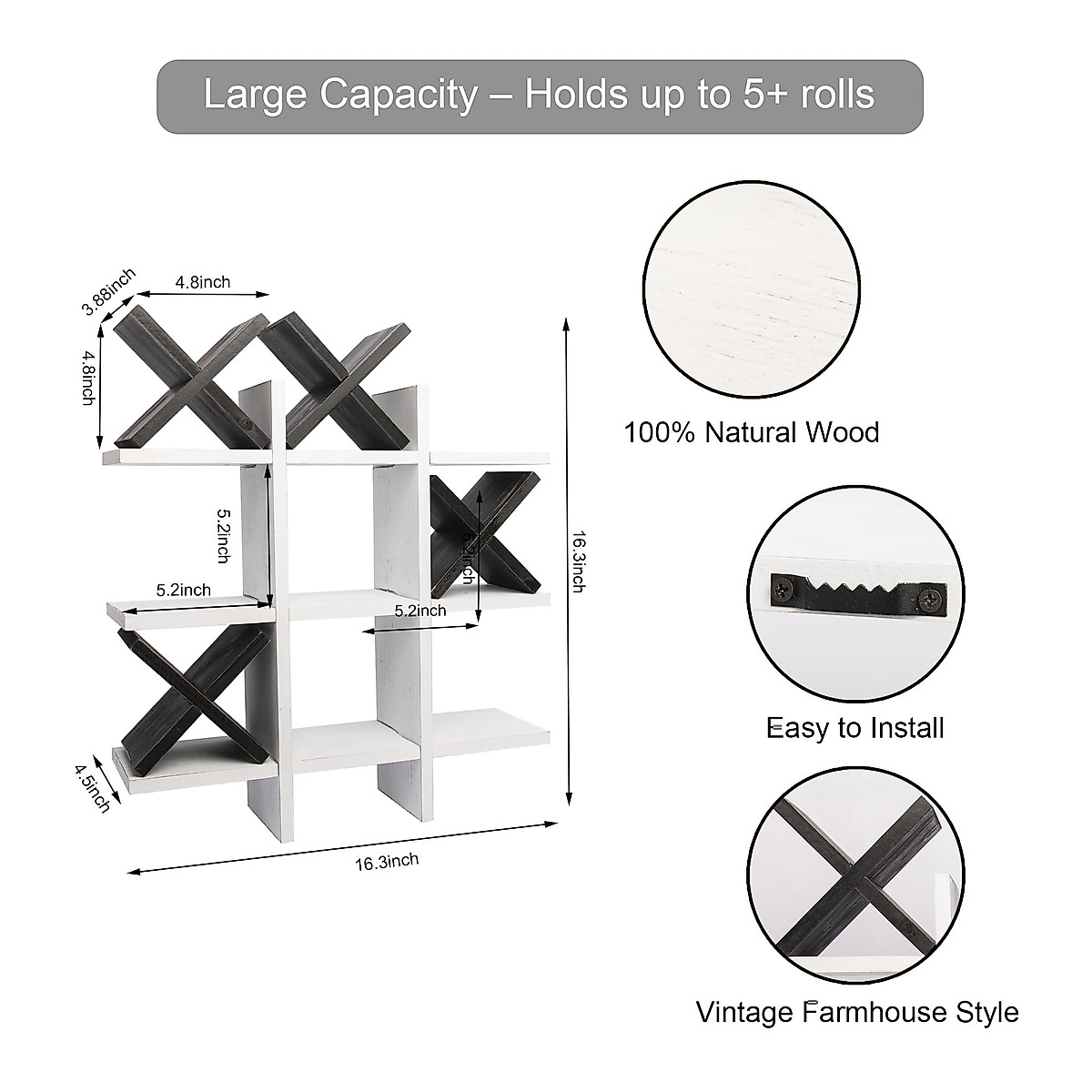 GENMOUS Handmade Tic Tac Toe Toilet Paper Holder For Black and White Bathroom Decor, Funny Wall Mounted Free Standing Toilet Tissue Paper Storage For Kids Guest Restroom Farmhouse Bathroom Decor White