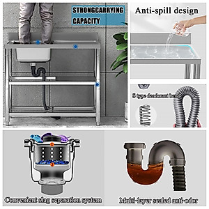 SEYFI Kitchen Sinks Outdoor Free Standing,Bowl,with Drainboard, U-Tility Prep Station Sink, Laundry Tub, Free Standing Stainless for Commercial Restaurant/Left - Hot and Cold/Left - Hot and Cold/120C