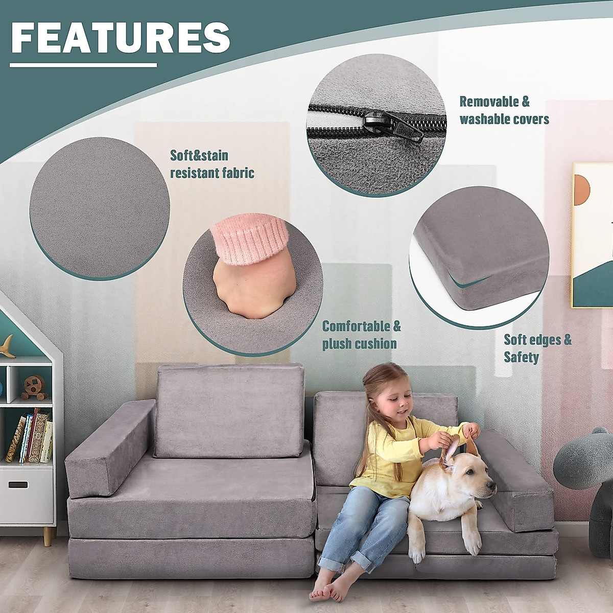 TOLEAD Modular Kids Play Couch,Imaginative Furniture Play Set for Creative Kids,Play Couch Sofa for Kids,Girls and Boys Playroom Sectional Sofa Medium