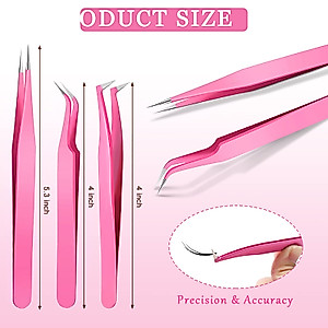 6-Pack Eyelash Extension Tweezers, Stainless Steel Straight Curved Tip Tweezers Single Eyelash False Eyelash Application Tools(Pink)