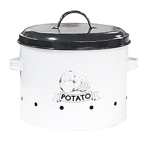 SOTECH Potato Onion Garlic Storage Bin with Lid Set of 3 Kitchen Pantry Organizer and Tin Vegetable Keeper Ventilated Vintage Grey and White Farmhouse Metal Containers Keeps Vegetables Fresh