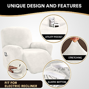 PrinceDeco Recliner Chair Cover Velvet Stretch Recliner Couch Covers 4-Pieces Style Recliner Chair Covers Recliner Cover for Reclining Chair Slipcovers Feature Non Slip Form Fitted Thick Soft, Ivory