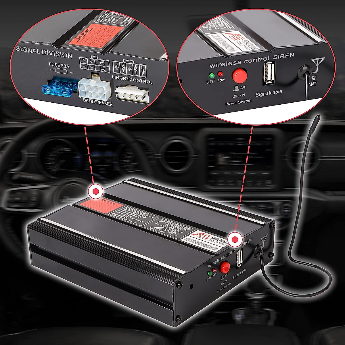 SMALLFATW Police Siren 20 Tones 130 DB 200 Watt, Dual 20A Auxiliary Switch, Wireless Remote USB Rechargeable 15M Control Range, Car PA System Speaker Horn, Emergency Siren for Car Truck Vehicles