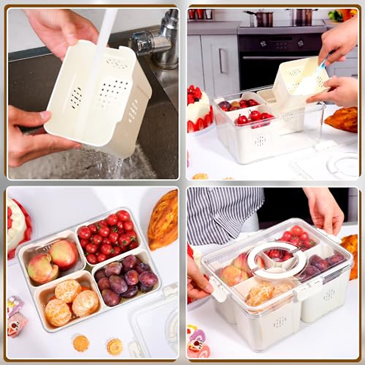 PYQTH Fruit Storage Containers for Fridge, Portable Divided Food Storage Containers with Lid and Handle, BPA-Free Saver Refrigerator Food Organizer Bins with 1 Brush for Veggies Fruit, 4 Compartments