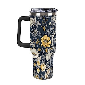 YTLKGFP 40 Oz Large Capacity Car Cup With Floral Pattern Tumbler with Handle (Black) Straw Lid Insulated Stainless Steel Water Bottle Travel Mug Leak-proof Car Cup Keeps Cold Or Hot
