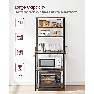 VASAGLE Coffee Bar, Baker’s Rack for Kitchen with Storage, 6-Tier Kitchen Shelves with 6 Hooks, Microwave Stand, Industrial, 15.7 x 23.6 x 65.7 Inches, Rustic Brown and Black UKKS024B01