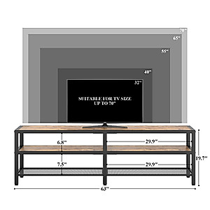 Unikito TV Stand for 65 70 inch TV, Two-color Industrial Entertainment Center TV Console, Long 63" TV Table with 3 Tiers Open Storage Shelves for Living Room Bedroom, Rustic Brown and Gray Oak