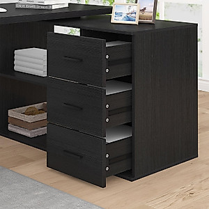 HSH Black L Shaped Computer Desk with Drawers, L Shaped Home Office Desk with Storage Cabinet Shelves, Reversible Corner Wood Writing Desk for Executive Work Study,Large Bedroom Computer Table,55 Inch