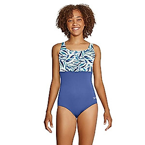 Speedo Women's Standard Swimsuit One Piece Adjustable Square Neck Moderate Cut, Watercolor Leaves Bright Cobalt, 14