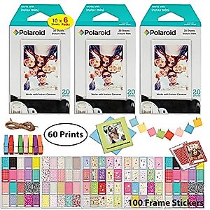 Polaroid Instant Film (60 Sheets) 6 x Instant Film 10 Shots per Pack + 10 Hanging Picture Frames + 60 Sticker Frames Accessory Bundle - Designed for use with Fuji Instax Mini & PIC 300 Cameras PIF300