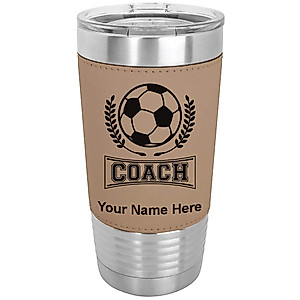 LaserGram 20oz Vacuum Insulated Tumbler Mug, Soccer Coach, Personalized Engraving Included (Faux Leather, Light Brown)