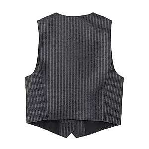 Women Side Pockets Pinstripe Straight Pants Vintage High Waist Zipper Fly Female Trousers S