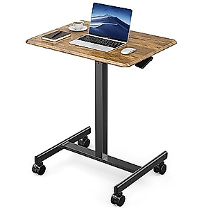 DUMOS Small Standing Desk Mobile Portable Rolling Laptop PC Table on Wheels Adjustable Height Computer Workstation for Home Office, 19 Inch, Brown