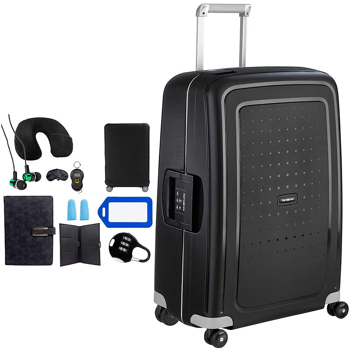 Samsonite 49308-1041 S'Cure 28 Inch Zipperless Spinner Luggage - Black Bundle w/Deco Gear Luggage Accessory Kit (10 Item)