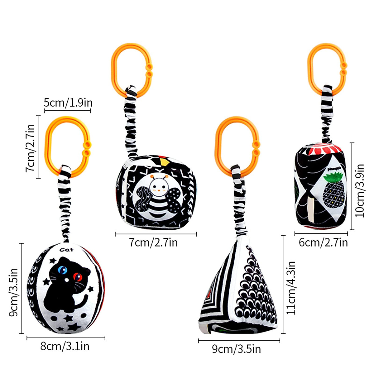 KAKIBLIN Baby Hanging Rattle Toys, 4 Pack Black and White Car Seat Baby Toys Soft Squeaky Stroller Toy for Baby Montessori Sensory Toys 0-12 Months for Newborn Infant, White and Black