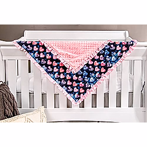 Top Tots Baby Blanket - Small Colored Hearts with Pink Minky Dot & Satin Ruffle, 31 x 31 Inch Blue
