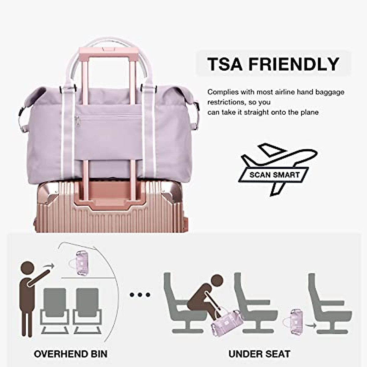 Travel Duffel Tote Bag,Personal Item Carry on Large Sport Gym Bag,Expandable Luggage Bag with Trolley Sleeve, Waterproof WeeKender Bag, Purple