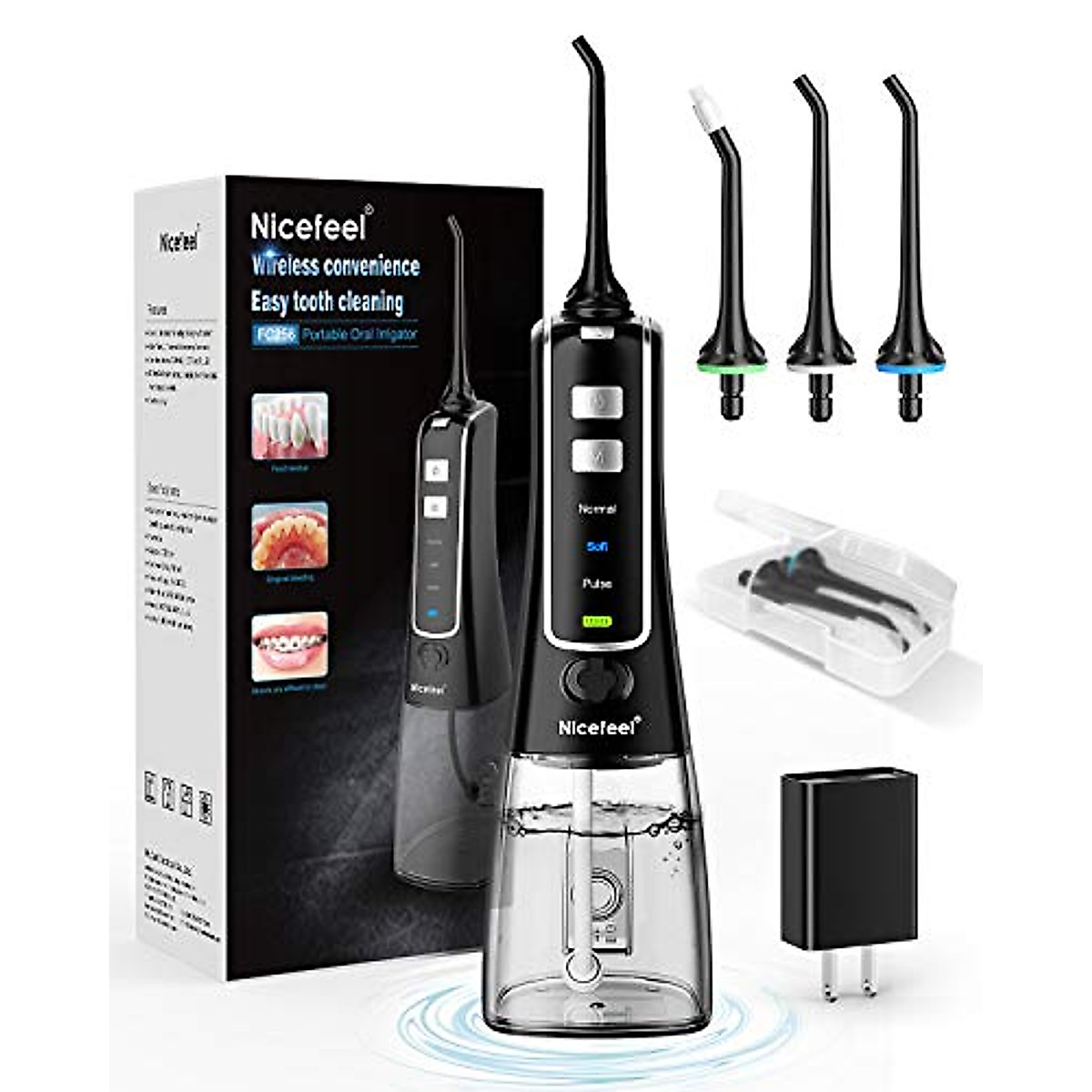 Nicefeel Cordless and Rechargeable Water Flosser - 300ML Water Tank Oral Irrigator, 4 Jet Tips, 3 Pressure Modes - IPX7 Waterproof and Travel Friendly for Dental Care