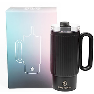 PURE HEARTH EcoFuse Tumbler with Handle and Straw 40 oz | Twist on 3 Way Lid | Double Wall Vacuum Insulated Stainless Steel Cup for Travel | Infusion Filter | Keep Hot and Cold | BPA Free (Black)