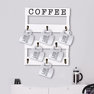 EMAISON Solid Wood Coffee Mug Holder Wall Mounted, Rustic Cup Rack with 8 Hooks Large Space for Big Cups for Kitchen, Home, Coffee Bar Station (White)