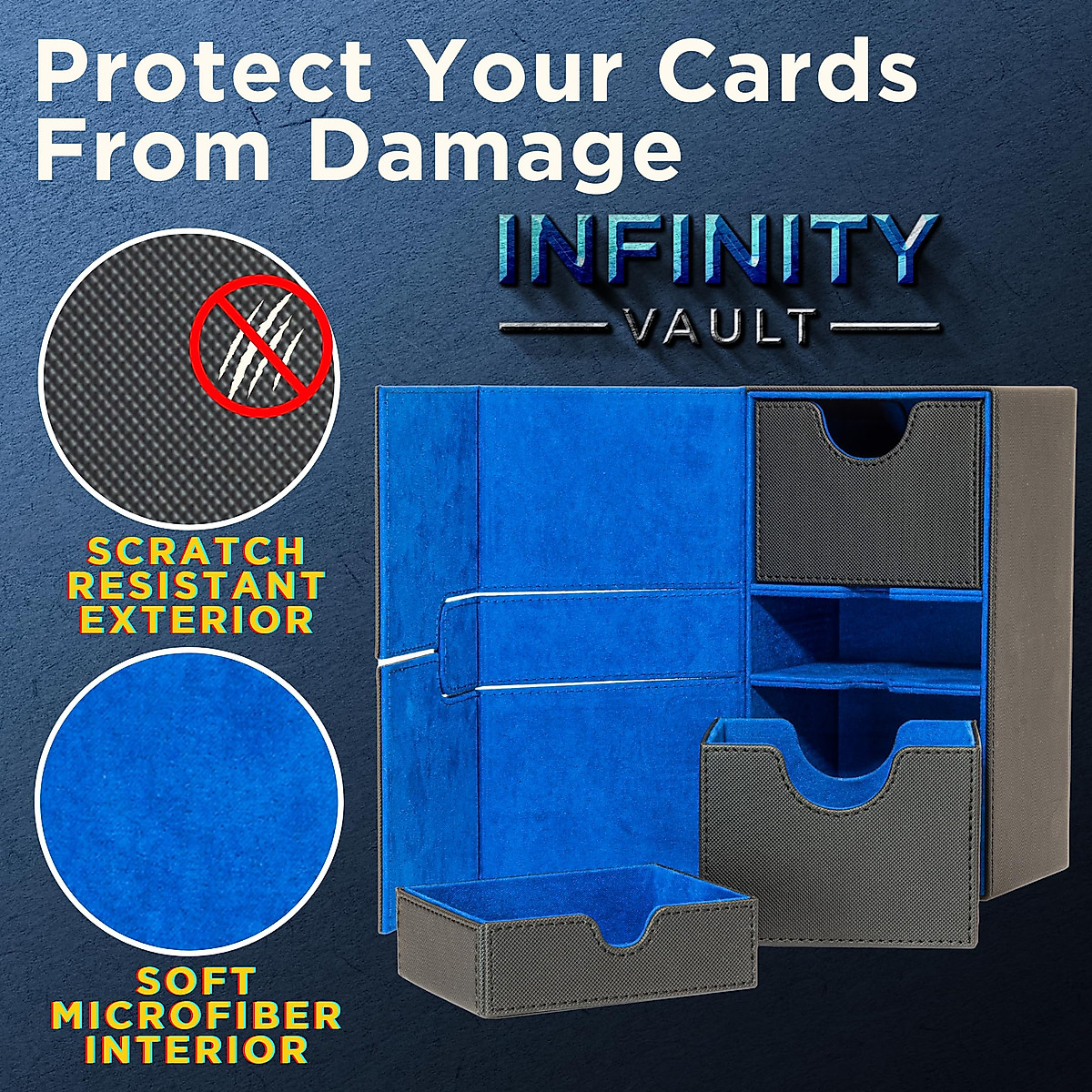 Durable Double Deck Box with Dice Tray - MTG Deck Box Commander Friendly - Protects 200+ Double Sleeved Cards - Designed for MTG Commander Deck Box with Sideloading Card Trays (Blue Interior)