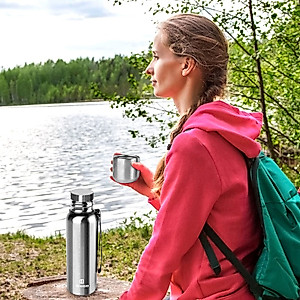 Insulated vacuum Thermo Bottle 750ml/25.4oz with cup Stainless steel coffee bottles for hot and cold drink water flask.(Silver,750ml)