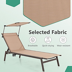 Giantex Outdoor Chaise Lounge Chair- Tanning Chair with Sunshade, 6 Adjustable Position, Sturdy Metal Frame, Cup Holder, Outside Lounger for Poolside, Backyard Sunbathing Chair (1, Brown)