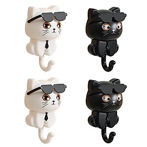 4 Pieces Cute Cat Key Hook, Cat Key Holder, Sunglasses Cat Key Hook, Cute Sunglasses Cat Adhesive Coat Hooks, Cat Hooks for Wall, Pet Wall Hooks for Hanging Key, Bag, Hat, Towel