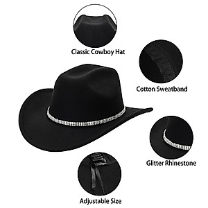 INOGIH Classic Black Western Felt Roll-Up-Brim Cowboy-Hat for Women Men - Bling Cowgirl-Hat Felt Fedora for Disco Parties