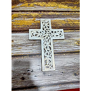 EARTHLY HOME Handmade White MDF Wooden Crucifix Wall Cross, Antique Holy Catholic Crosses, Jesus Christ Floral Carving Plaque, Hanging Catholic Crucifix Home Chapel Décor, Living Room 12x8 Inch