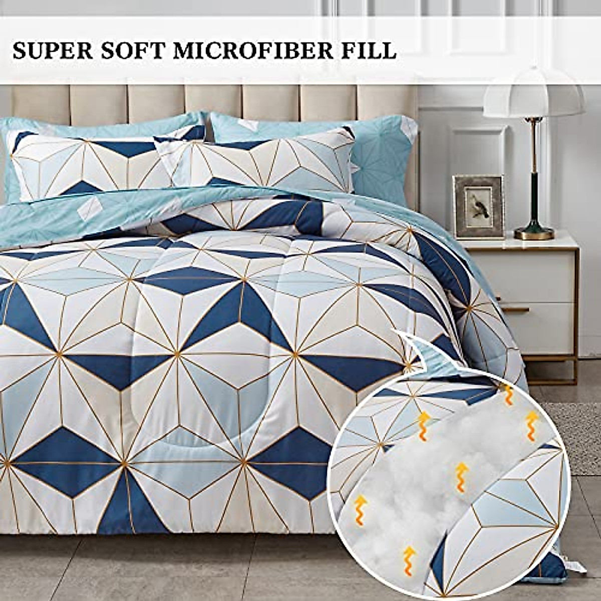 FlySheep Bed in a Bag 7 Pieces Queen Size, Modern Blue Triangles Geometric Style, Microfiber Comforter Sheet Set (1 Comforter, 1 Flat Sheet, 1 Fitted Sheet, 2 Pillow Shams, 2 Pillowcases)