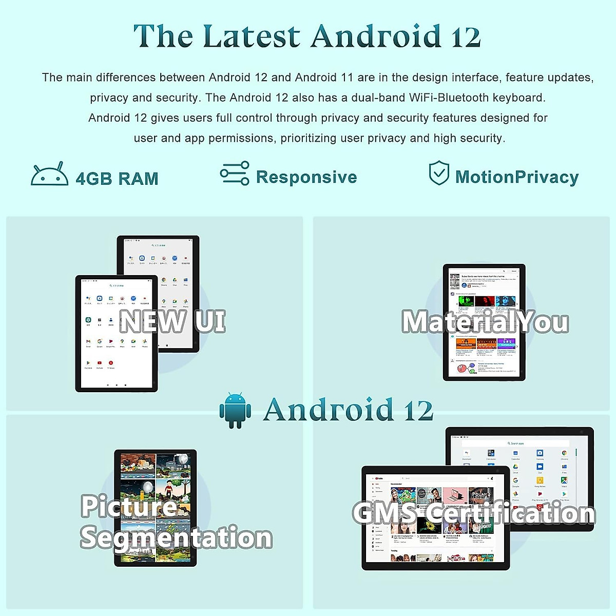 Android 12 Tablet with Keyboard 10 Inch 2 in 1 Tablets Set Include Case Mouse Stylus OTG, 4GB RAM+64GB ROM, 6000mAh Battery, Dual Camera, WiFi, BT, 10.1'' HD Display Tab, Google Certified Tableta