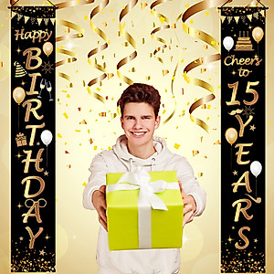 2 Pieces 15th Birthday Party Decorations Cheers to 15 Years Banner Porch Sign Door Hanging Banner 15th Party Decorations Welcome Porch Sign for 15 Years Birthday Supplies, 71 x 12.6 Inches