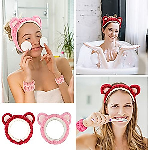 AMCAMI 6 Pcs Spa Headband Face Wash Headband and Wristband Set, Girls' Cute Bear Ears Headband Plush Animal Makeup Skincare Headbands with Face Washing Wristband for Women