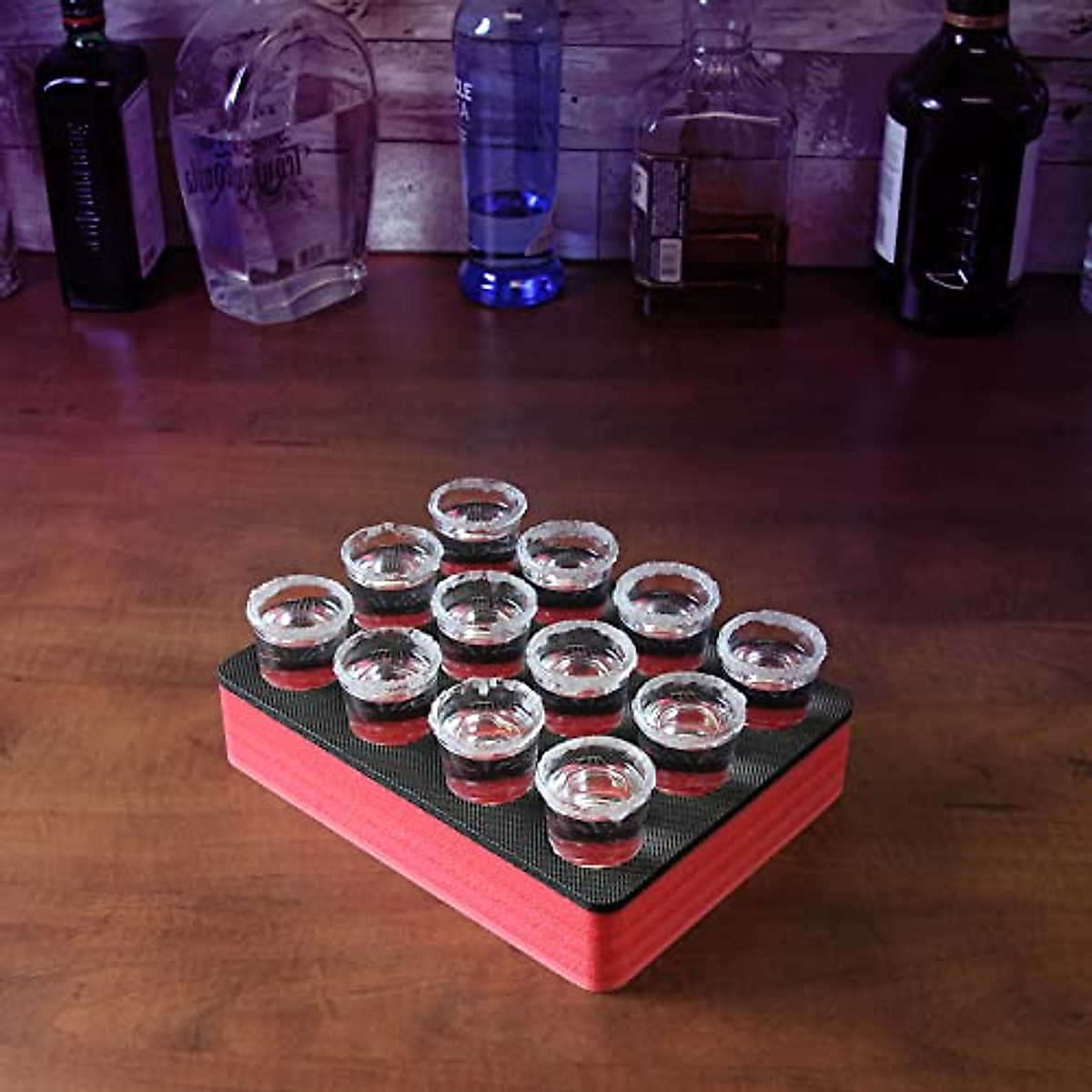 Polar Whale Shot Glass Holder Organizer Modern Tray for Home Kitchen Bar or Club Party Durable Red and Black Durable Foam Serving Rack 10 Inches Wide Holds 12 Shots