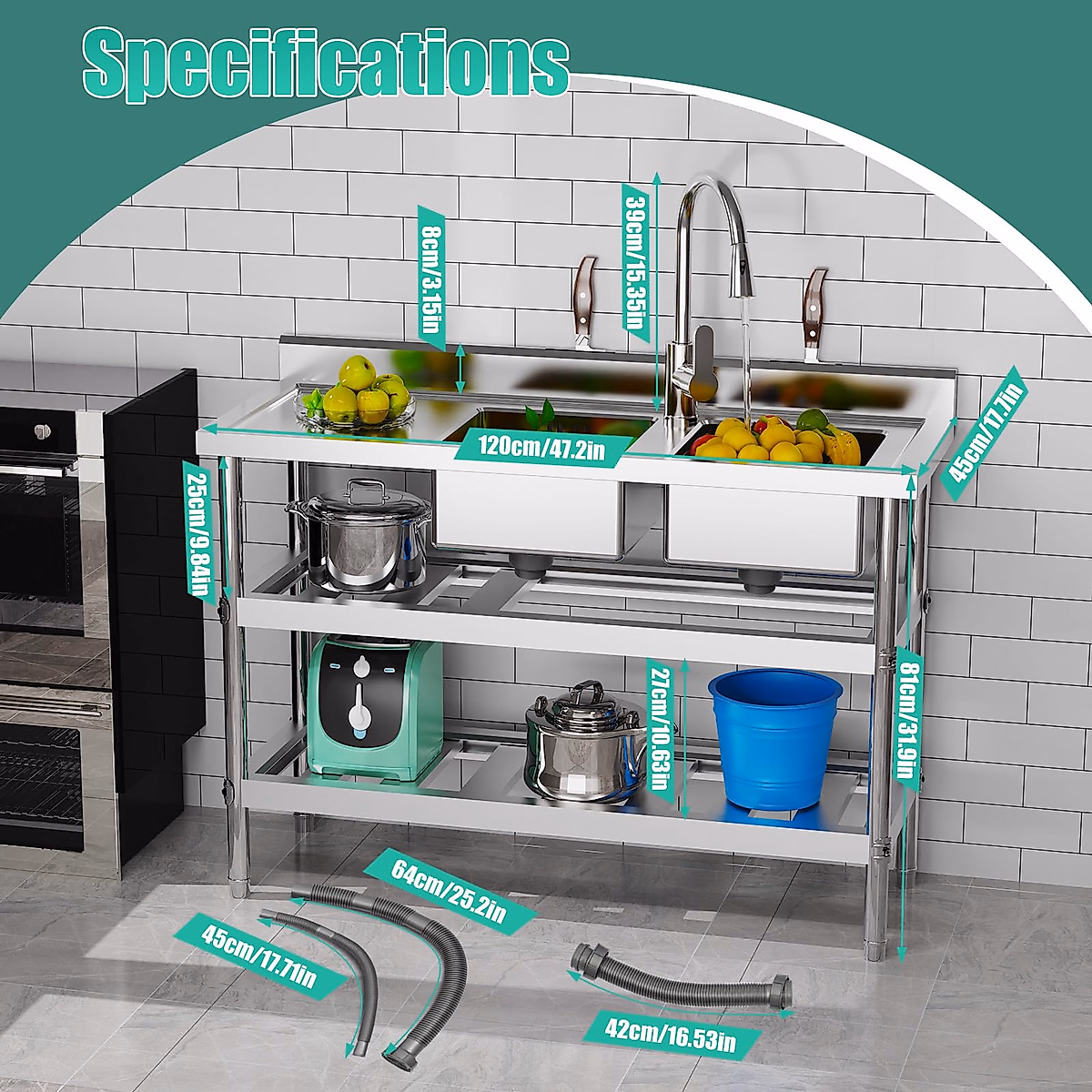 LIYUANJUN 3 Tier Commercial Sink, 201 Stainless Steel Sink With 2 Washing Hand Basins&Drain Pipe&Faucet Indoor Floor Standing Sink for Kitchen Hotel Restaurant Storage Shelves