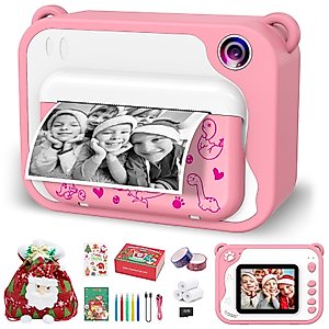 USHINING Instant Print Camera for Kids 12MP Digital Print Camera for Kids Aged 3-12 1080P Instant Camera for Kids with 32GB SD Card,Color Pens,Print Papers (Pink)