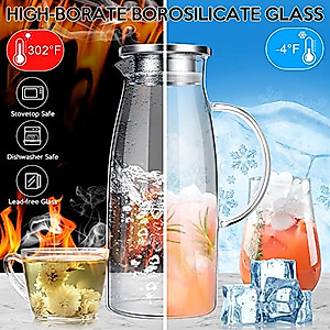 2 Pcs 60 oz Glass Pitcher Water Pitcher with Lid and Handle Carafes and Pitchers Iced Tea Pitcher Hot Cold Water Heat Resistant Borosilicate Glass Jug for Juice Water Iced Tea