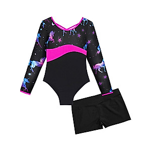 YONGHS Kids Girls Long Sleeve Ballet Dance Leotard with Workout Shorts Gymnastics Unitard Dancewear Night Pegasus 6 Years