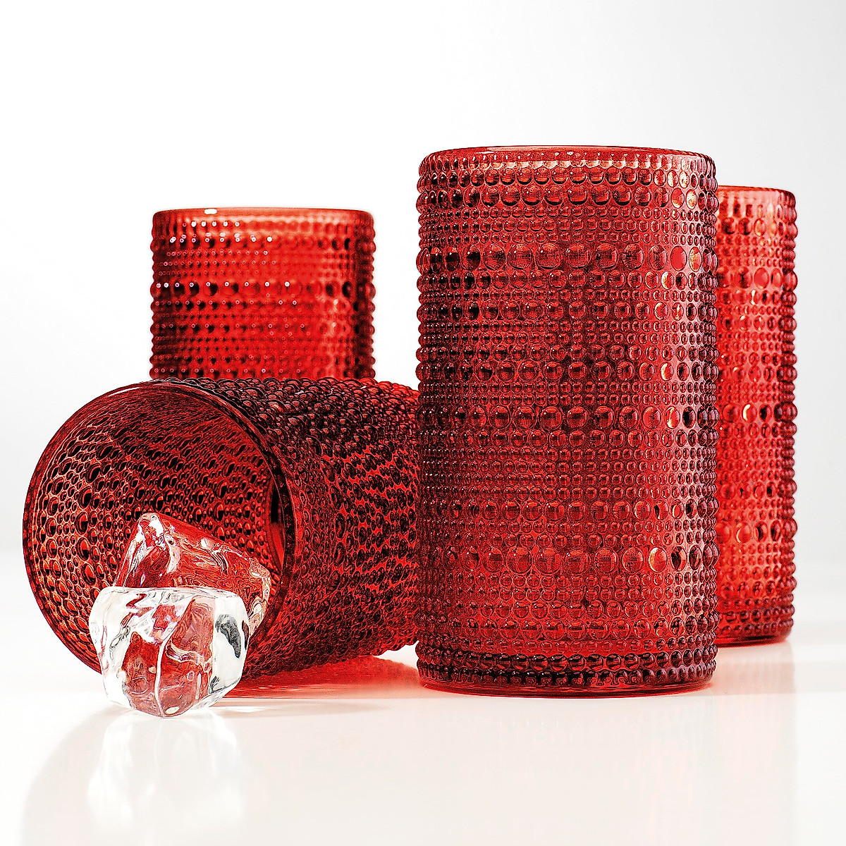Glaver's Hobnail Drinking Glasses Set of 4 Red Vintage Glassware. 15 Oz. Everyday and Holiday Dinner Beaded Drinking Glasses for Water, Juice, Cocktail.