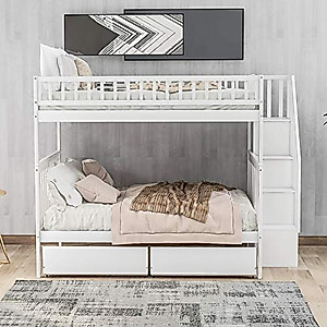 Full Over Full Bunk Beds, Solid Wood Full Bunk Beds with Two Drawers, Inner Bookcase and Stairway for Kids and Teenages, White