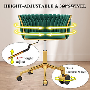 GOOLON Velvet Desk Chair, Modern Office Chair with Wheels, Home Swivel Vanity Armchair with Woven Back Comfy Height Adjustable Seat Sturdy Golden Metal Rolling Base for Makeup Bedroom, Dark Green